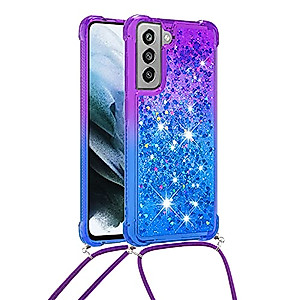 CCSmall Samsung Galaxy S21 FE (Not S21) Case,Strap Crossbody Gradient Quicksand Bling Sparkle Flowing Liquid Floating with Neck Cord Lanyard Strap Cover for Samsung Galaxy S21 FE LSGS Purple Navy