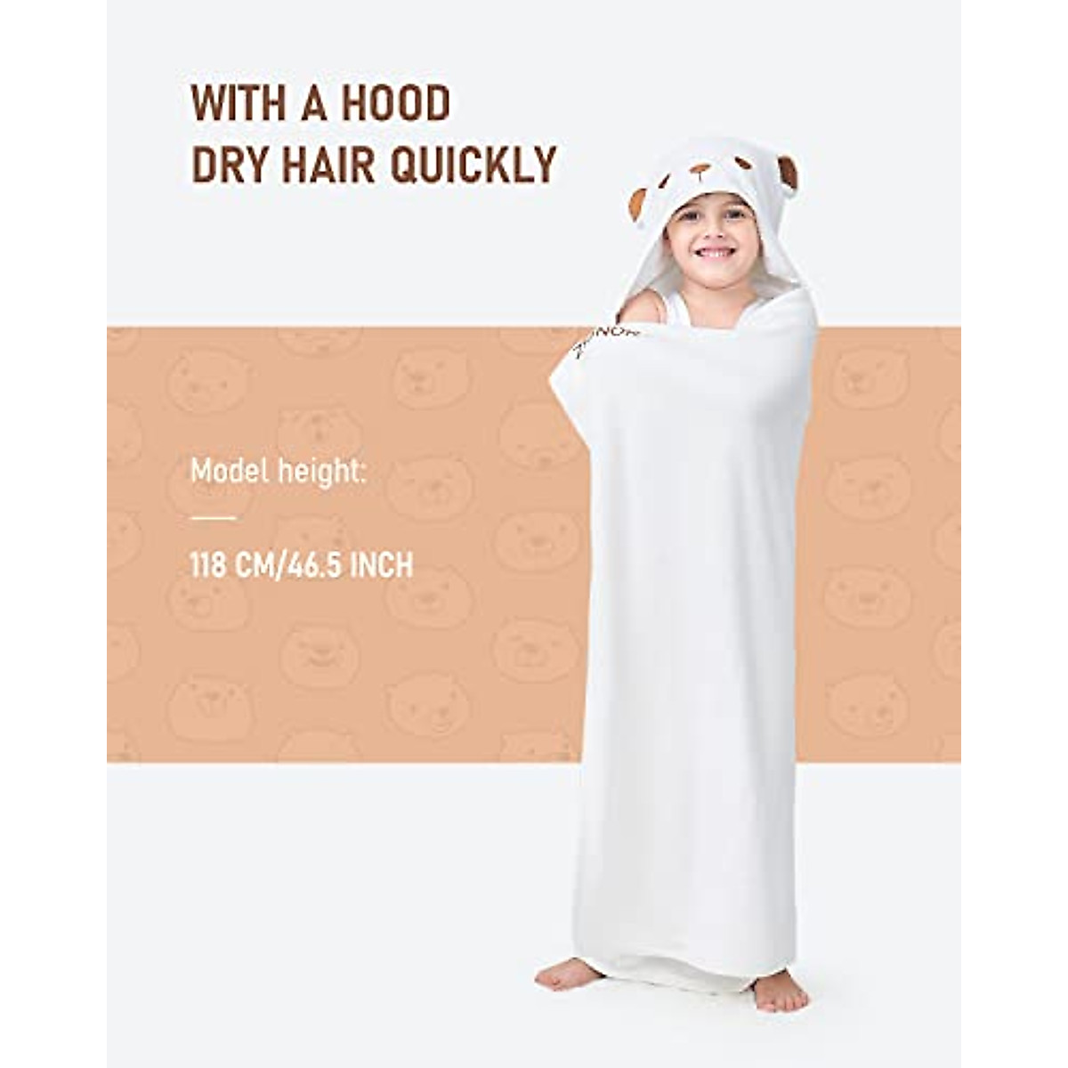 ZIONOR Bamboo Hooded Towel for Kids - 35'' x 50'' Extra Large Bath Towels for Kids 3-10 Yrs, Premium Soft Towels for Boys Girls, Ultra Absorbent and Hypoallergenic (White, Bear)