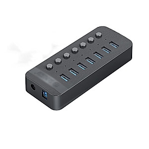SHYPT 7 Port Powered USB 3.0 HUB BC1.2 Charger Splitter with Individual on/Off Switches and 12V/2A Power Adapter for PC Computer