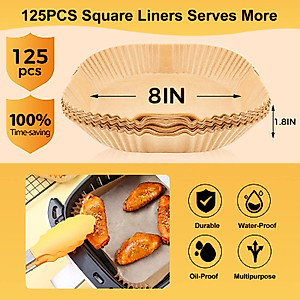 Air Fryer Disposable Paper Liners - 125Pcs 8In Square Parchment Paper Non-Stick Airfryer Basket Liners for Steamer Microwave Oven