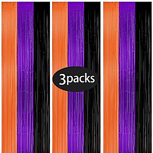 Halloween Backdrop Curtains 3 Pack 8.5X9.84 ft Halloween Party Photo Backdrop Black Orange Purple Photo Booth Props Metallic Tinsel Foil Fringe Curtain for Halloween Party Decoration Supplies