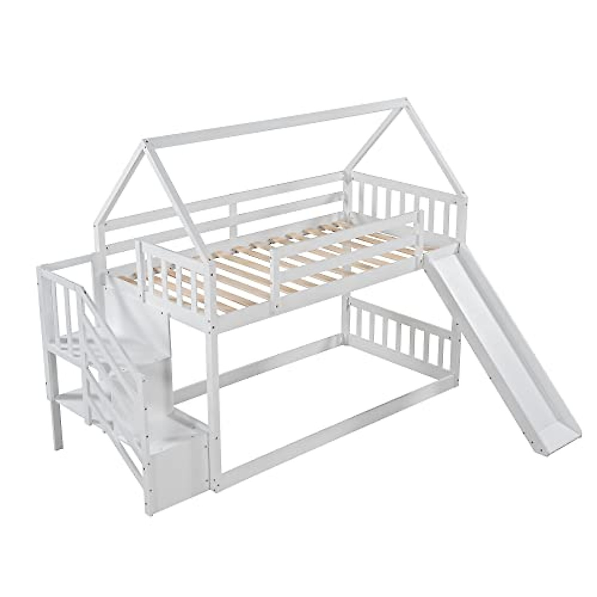 DEYOBED Twin Over Twin Wooden Bunk Bed with Slide and Storage Staircase for Kids Adults