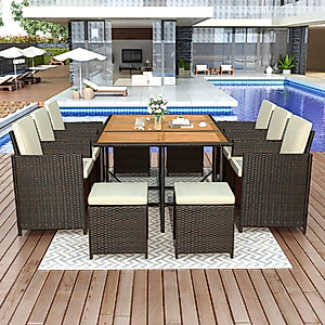 LZ LEISURE ZONE Patio Dining Table Set, 11 Piece Outdoor Furniture Sets, Wicker Rattan Dining Table and Chairs Set, Patio Conversation Set with Cushions (Brown+Beige, 11 Piece)
