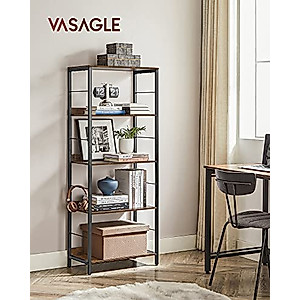 VASAGLE 5-Tier Bookshelf, Bookcase for Office, 11.8 x 23.6 x 56.7 Inches, Shelving Unit, with Back Panels, Industrial Style, for Living Room, Study, Home Office, Rustic Brown and Black ULLS117B01