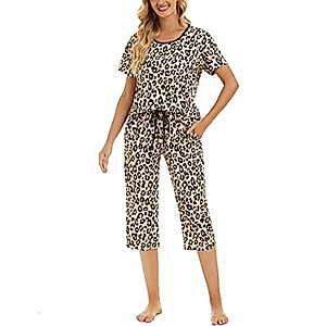 LOCUBE Women's Pajama Sets Soft Comfy Pj Set Short Sleeve Tops and Capri Pants with Pockets (#9 Leopard, Medium)