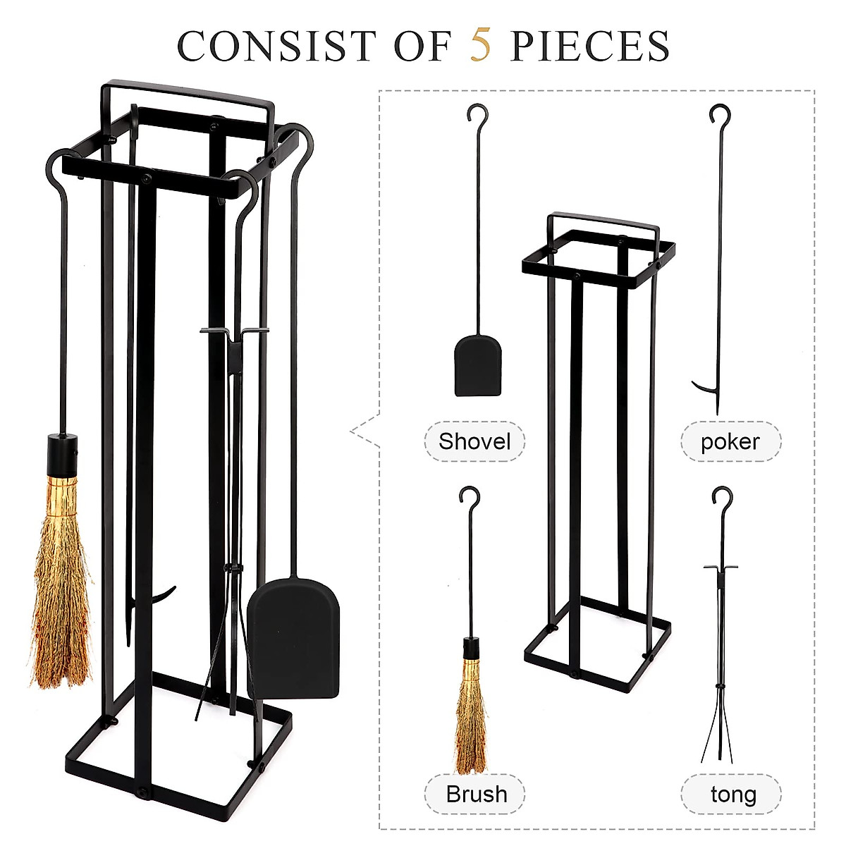 Harmiden 5 Pieces Fireplace Tools Set Wrought Iron Indoor Fire Place Accessories Hearth Wood Stove Outdoor Fire Pit Tool Set