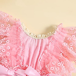 Infant Girls Crochet Bodysuits Baby Girl Cotton Linen Romper Lace Ruffle Summer Clothes Flutter Sleeves Jumpsuits (Pink , 3-6 Months )