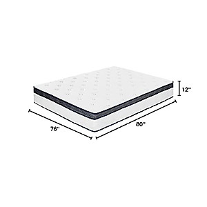 PrimaSleep 12 inch Euro Top Spring Mattress,White,Comfort Layers,Dark Green Piping, (King)