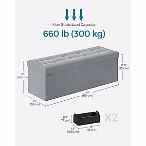 SONGMICS Storage Ottoman Bench, Foldable Ottoman Foot Rest, 15 x 43 x 15 Inches, End of Bed Bench, Storage Chest, Load up to 660 lb, for Living Room, Bedroom, Entryway, Dove Gray ULSF277G02
