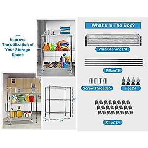3-Tier Metal Shelving Adjustable Height 450Lb Capacity Small Wire Shelving Unit Solid Steel Storage Shelves Commercial Storage Rack for Kitchen Office Pantry Laundry (Chrome, 24"Lx14"Wx30"H)