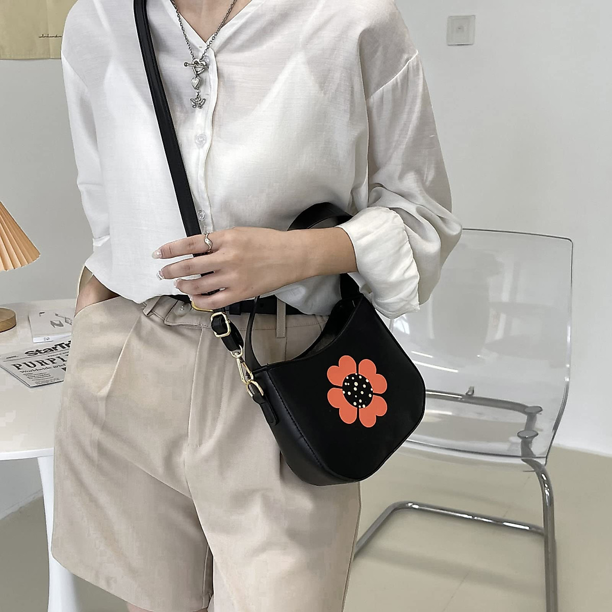 Simple Quilted Crossbody Bag, Printing Small Leather Crossbody Bags Ladies Leather Shoulder Bag Clutch (Black)