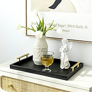 MACVAD Set of 2 Modern Elegant Large Wood Serving Tray, Black Crocodile Leather with Gold Polished Metal Handles, Rectangle Decorative Tray for Ottoman Coffee Table Living Room