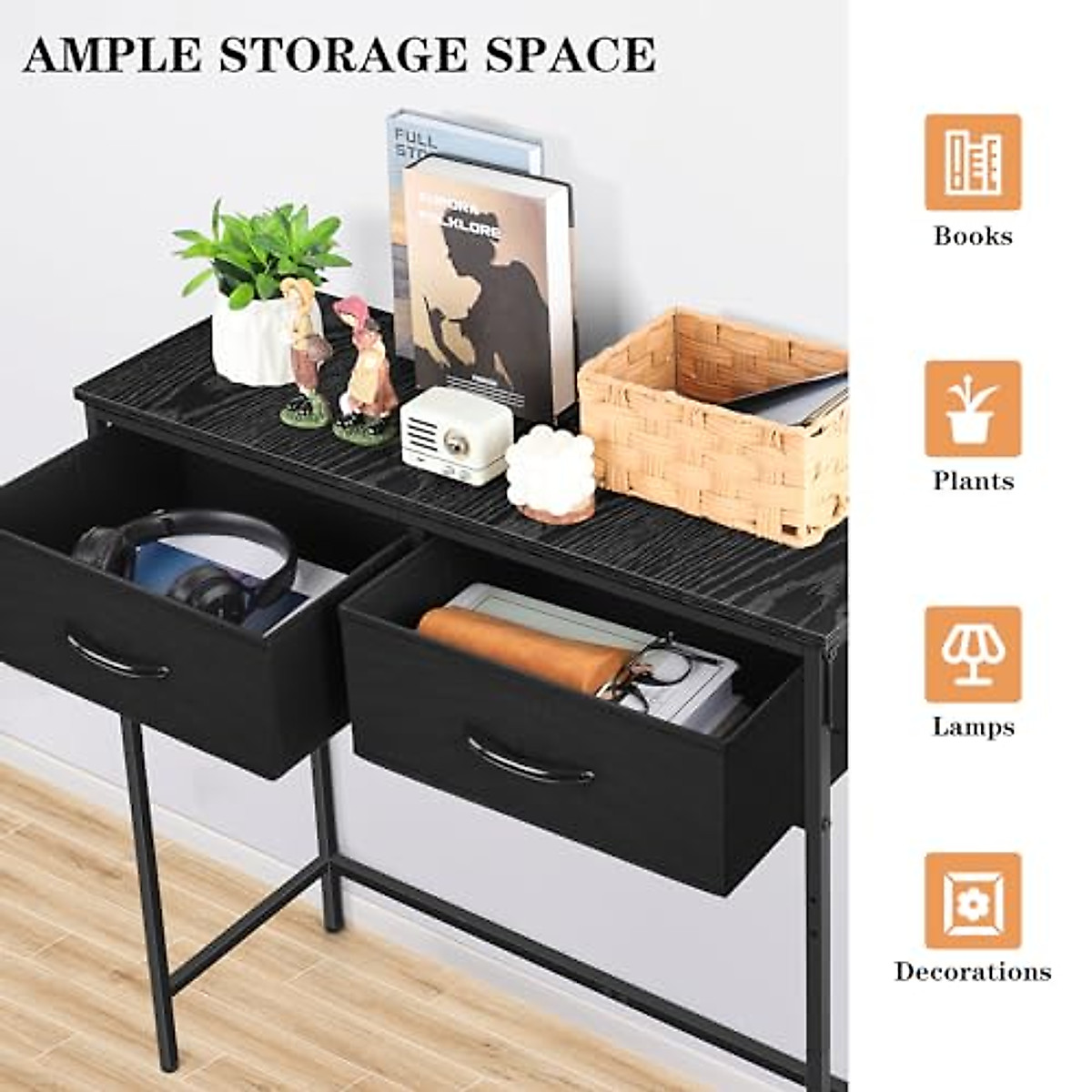 Narrow Console Table with Drawers Black Entryway Table with Storage Shelves Behind Sofa Table with Outlet for Living Room Bedroom Couch Hallway, Black