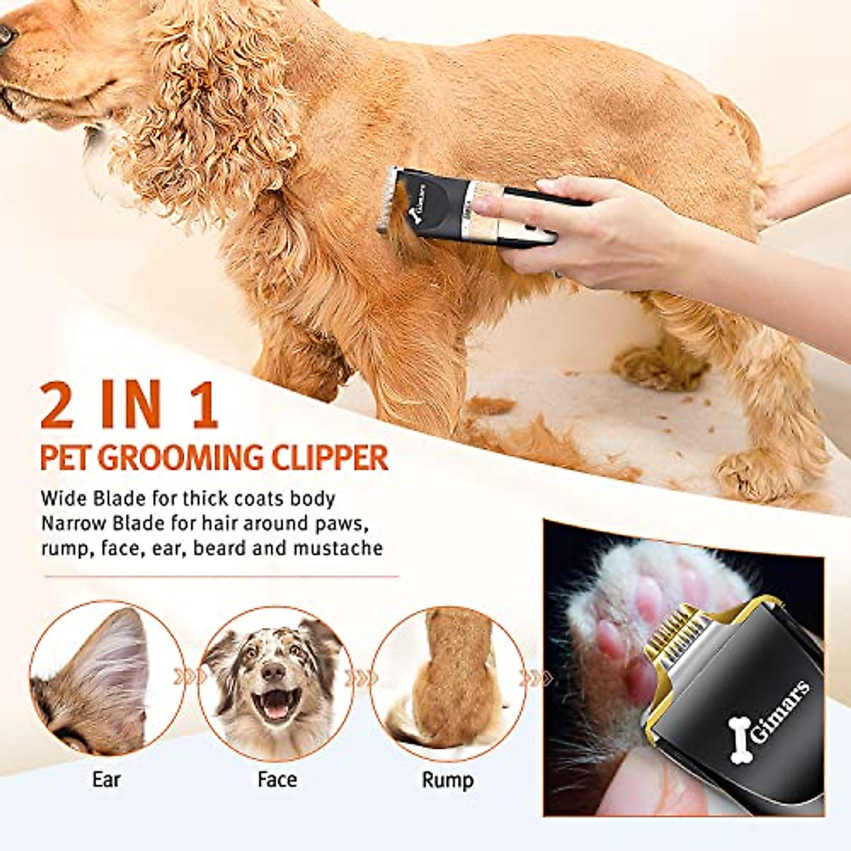 Gimars 2 in 1 Ceramic Blade Dog Grooming Clippers with Small Trimmer, 3-Speed High Power Quiet Rechargeable Dog Shaver Hair Clippers Kit with Comb & Scissors USB Cordless Electric for Dog, Cat, Pet