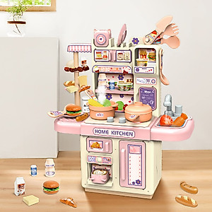 deAO Mini Kitchen Playset Toy,33 PCS Play Kitchen with Realistic Steam and Lights, Role Playing Game Pretend Food and Cooking Playset, Mini Kitchen Accessories Set for 3 4 Girls Boys