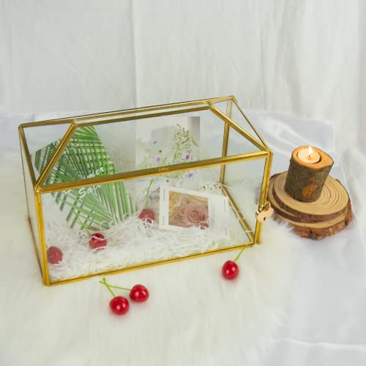 12.6 x 5.9 x 9.0inch Gold Wedding Glass Card Box with Lock and Slot - Wedding Envelope Card Holder for Reception Clear Lock Box with Key Wedding Gold Glass Card Holder Handmade Vintage Wedding Card Box