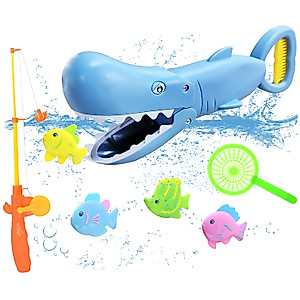 Bath Toys , Shark Grabber Bathub Baby Toy Magnetic Fishing Games Playing Set , Floating Fish Toys in Bathtub Bathroom Pool for Babies Toddlers and Kids Age 3+ (Light Blue)