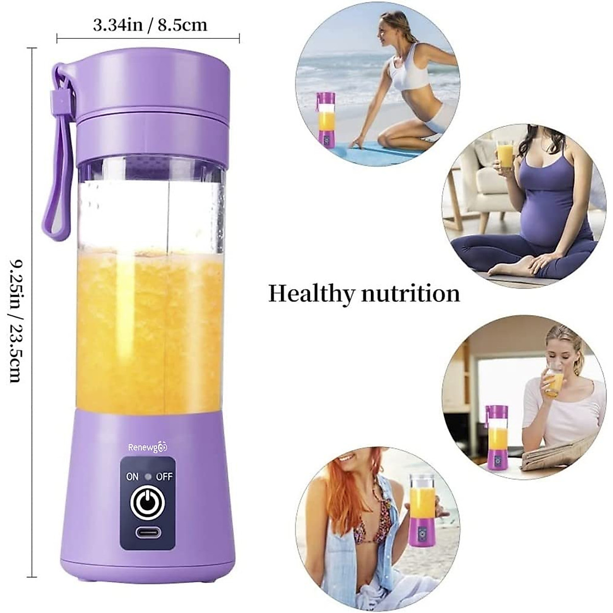 Renewgoo BlendMate Blender Portable Juicer Travel Bottle Portable Personal USB-C Mini Rechargeable Electric Smoothie Maker, Fruit & Veggie Blending To Go, Purple