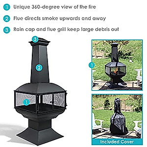 Sunnydaze 57-Inch Black Steel Chiminea with Log Grate, Cover, and Poker - Protective Mesh Screen - 360-Degree Fire View