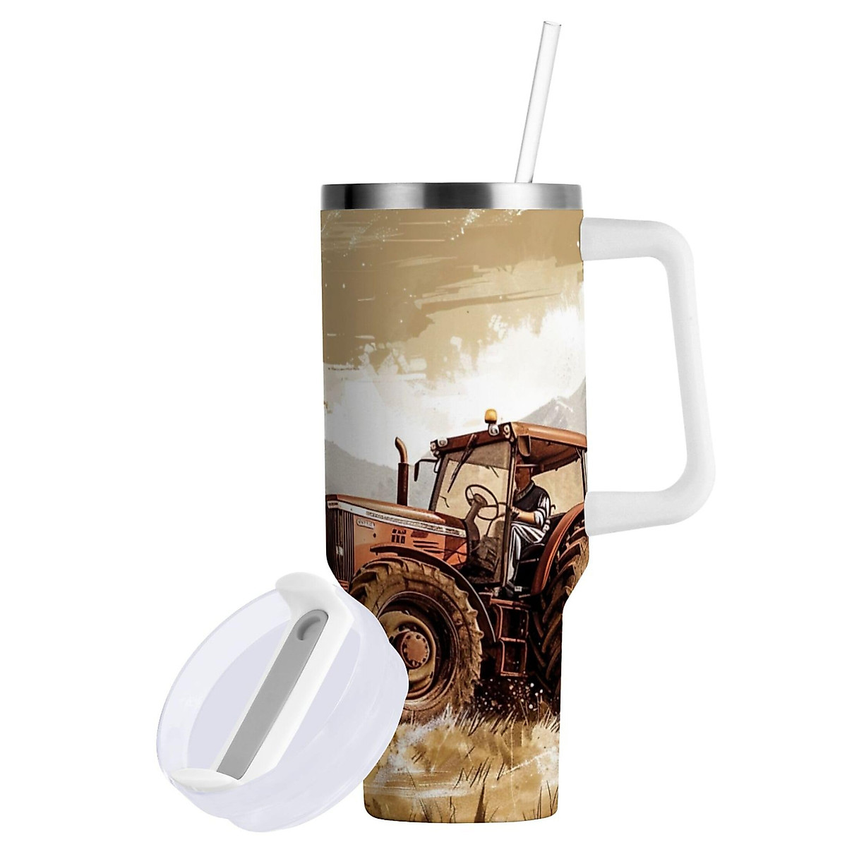 Kigai 40 oz Farmer Driving A Tractor Tumbler with Handle and Straw Lid, Insulated Cup Reusable Stainless Steel Water Bottle Travel Mug for Water, Iced Tea or Coffee
