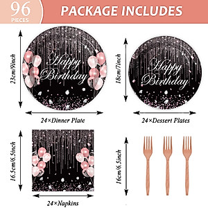 chiazllta 96 Pcs Black Rose Gold Party Disposable Paper Plate and Napkins Pink Rose Gold Birthday Party Table Decoration Supplies Pink Glitter Party Paper Plate Napkin Fork for Party Favors 24 Guests