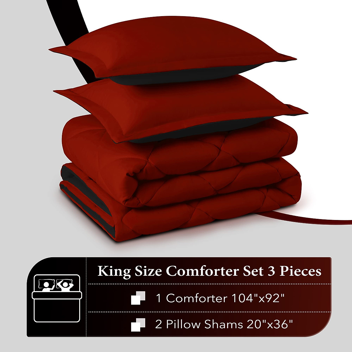 downluxe Lightweight Solid Comforter Set (King) with 2 Pillow Shams - 3-Piece Set - Red and Black - Down Alternative Reversible Comforter