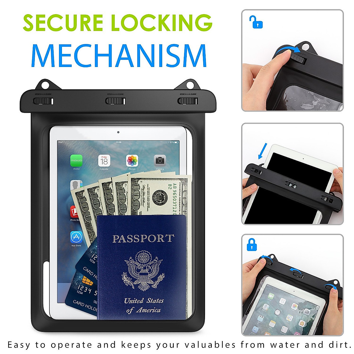 MoKo Waterproof Tablet Case, Tablet Pouch Dry Bag for iPad Mini 6, iPad 9, iPad 9.7 6/5/4/3/2, iPad Pro 9.7, iPad Air 5 10.9/3/2, Samsung Tab S4/ S3/ S2/Tab A 9.7, Galaxy Note 8, Tab E 9.6