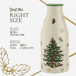 Spode Christmas Tree Plate and Bottle Set (2-Piece) - 8.5" Porcelain Cookies for Santa Plate & 10 Oz Holiday-Themed Jug, Dishwasher Safe Festive Collectible Seasonal Gift Set