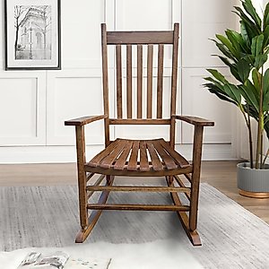 Porch Rocking Chair Outdoor and Indoor Use, Solid Eucalyptus Wood Rocker with Natural Finish, Front Porch Chairs for Patio Deck Garden Balcony, Backyard, Living Room, Adult Wooden Rocking (Brown)