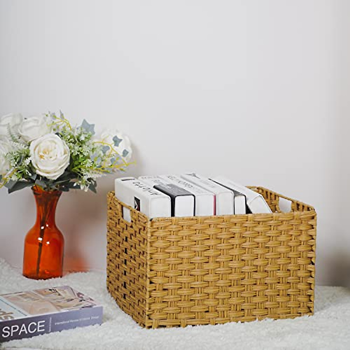 Wicker Baskets with Carrying Handles Foldable Handwoven Cube Storage Basket Bin Rectangular Open Storage Bins,Set of 2