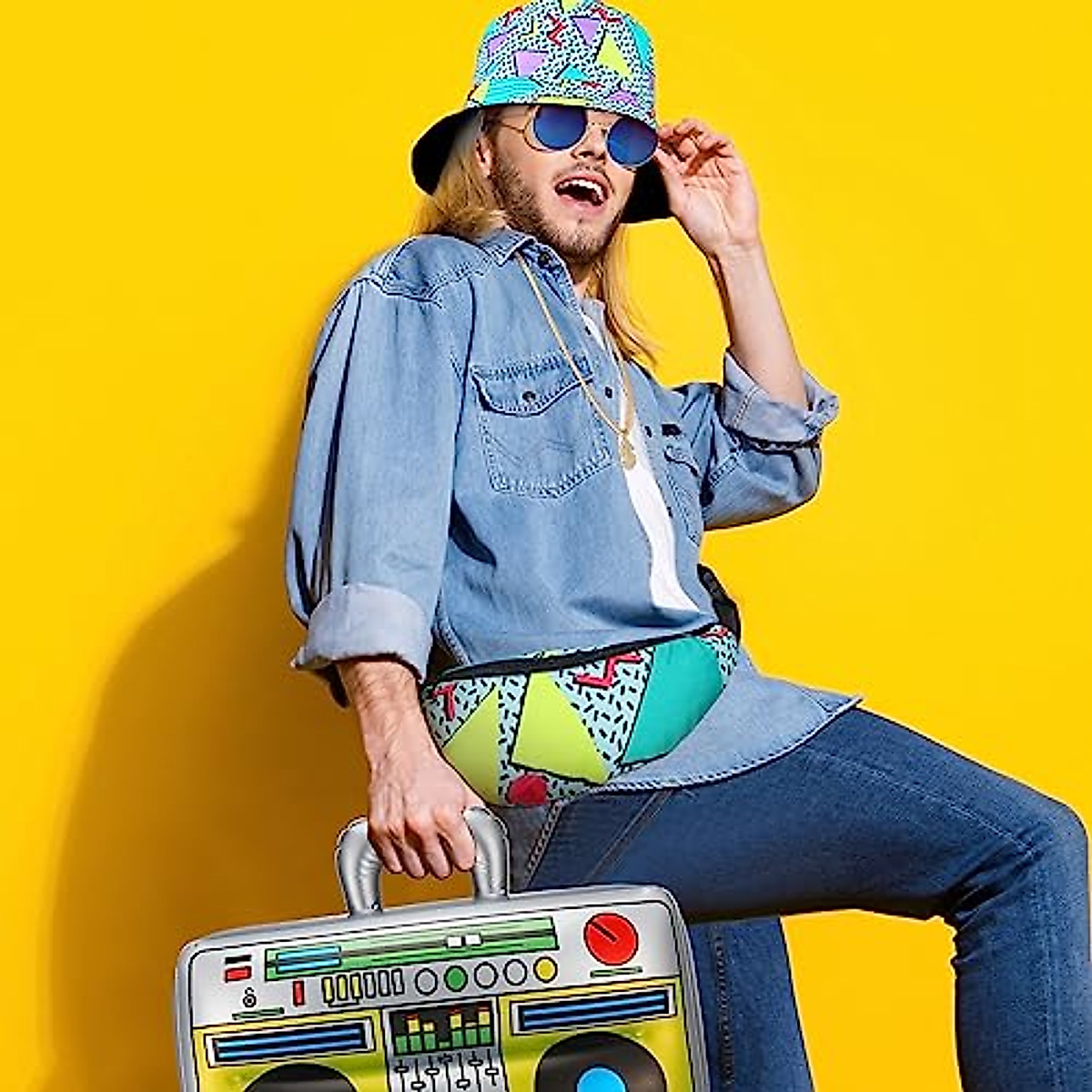 Xtinmee 6 Pcs 80s 90s Costume Hip Hop Outfit Set for Men Funny Rapper Rocker DJ Accessories Kit for Halloween Cosplay Party (Green,Large)