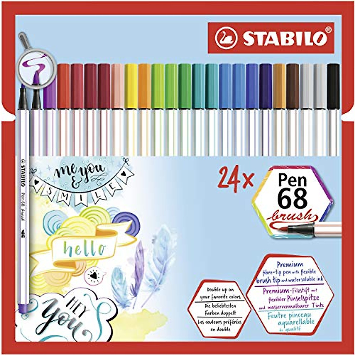 STABILO Premium Fibre-Tip Pen with Brush Tip Pen 68 brush - Pack of 24 - Assorted Colours