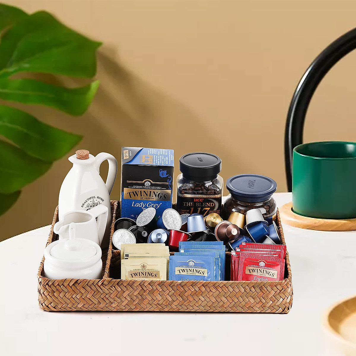 Lyellfe 2 Pack Tea Bag Organizer, 4 Divided Sugar Packet Holder, Handmade Seagrass Wicker Storage Basket for Organizer, Silverware Drawer for Paper, Cutlery, Coffee Pods, Snack