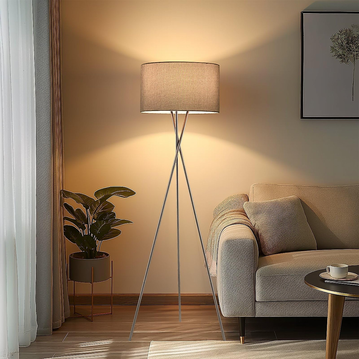 Kira Home Sadie 60" Mid Century Modern Tripod LED Floor Lamp + 9W Bulb (Energy Efficient/Eco-Friendly), Gray Drum Shade, Brushed Nickel Finish