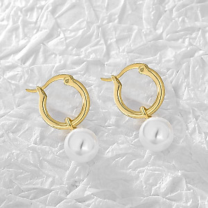 Pearl Hoop Earrings for Women 14k Gold Plated Pearl Dangle Small Hoop Earrings with 925 Sterling Silver Post (Gold)