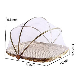 Food Bamboo Food Serving Tent Basket Hand-Woven Basket Serving Dustproof Picnic Basket Vegetable Fruits Bread Food Home Square Food Storage Basket with Mesh Gauze Cover Container