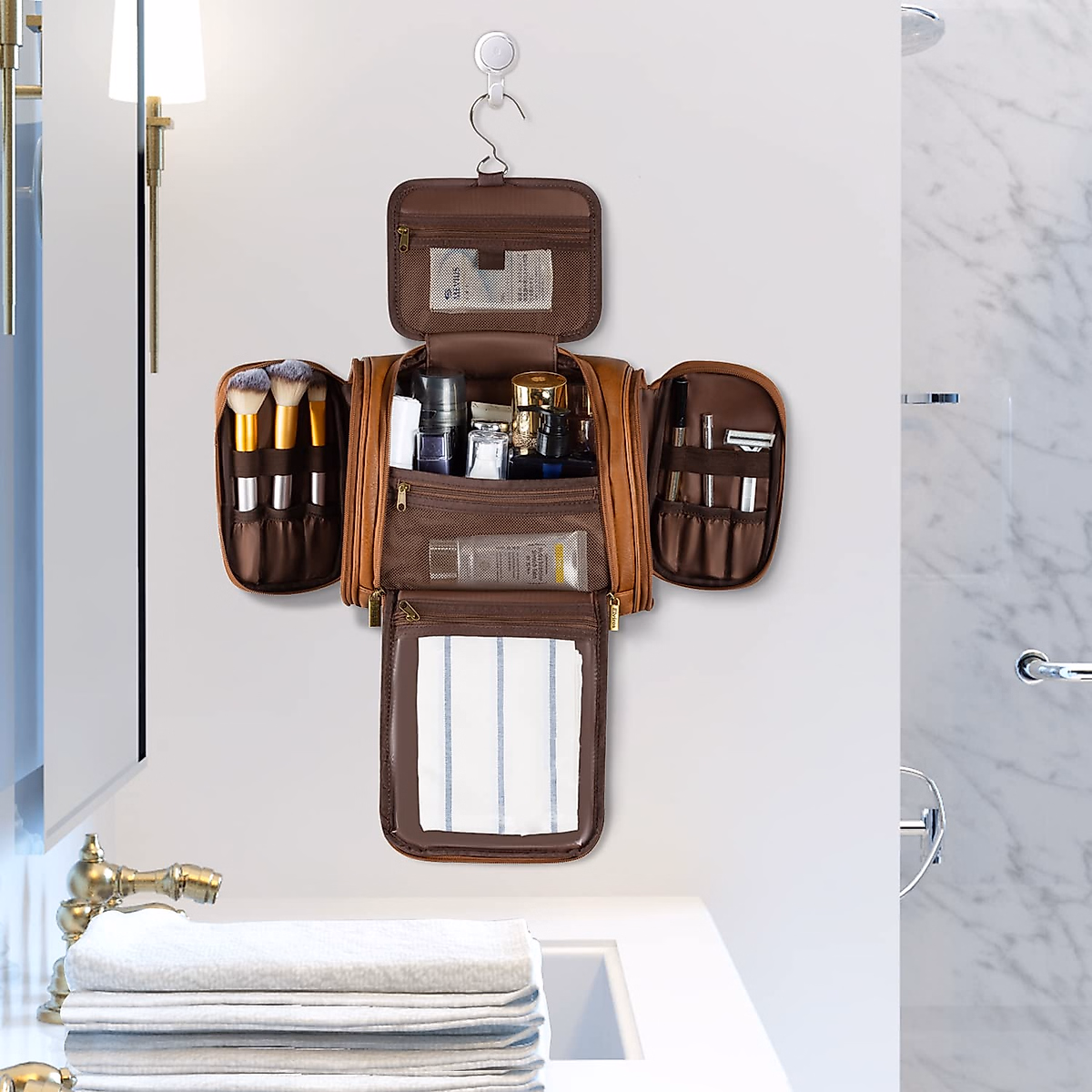 Elviros Travel Hanging Toiletry Bag for Women and Men, Large PU Leather Toiletries Organizer, Water-resistant Bathroom Shaving Kit for Cosmetics, Makeup Case (Large, Brown)