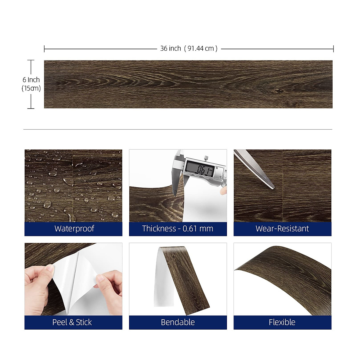 FunStick 6"x36" 10 Pcs Vinyl Flooring Peel and Stick Floor Tile Bathroom Dark Brown Wood Sticky Floor Tiles Peel and Stick Wood Planks for Walls Waterproof Peel n Stick Flooring for Kitchen Bedroom