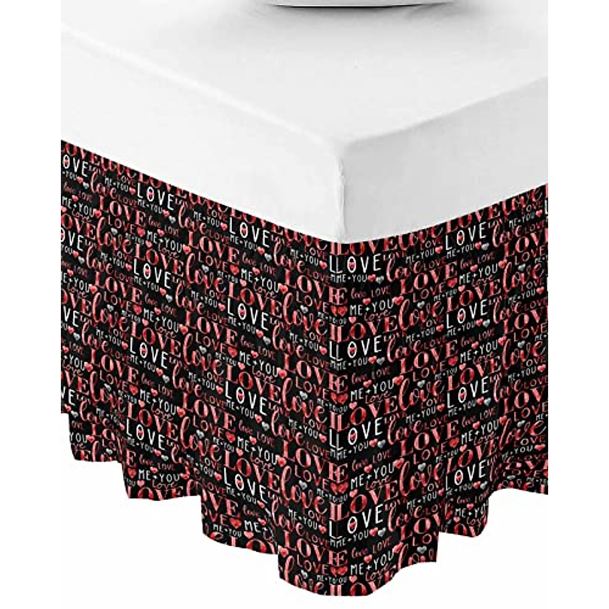 Valentine's Day Bed Skirt King Size 16 Inch Drop,Adjustable & Elastic Wrap Around Bed Skirts Pleated Luxury Dust Ruffles for Twin Full Queen Cal King Base Bed,English Characters Saying Love You Black
