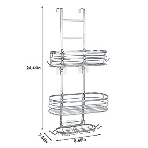 HEOMU Bathroom Over the Door Shower Caddy, Shower Organizer Shelves with 4 Hooks, Rustproof & Waterproof Shower Storage Rack for Shampoo, Conditioner, Soap, Bath Sponge, Silver