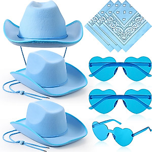 Geyoga 9 Pcs Cowboy Hat with Paisley Print Bandanas and Heart Shape Sunglasses for Halloween Cowboy Party Costume(Blue)
