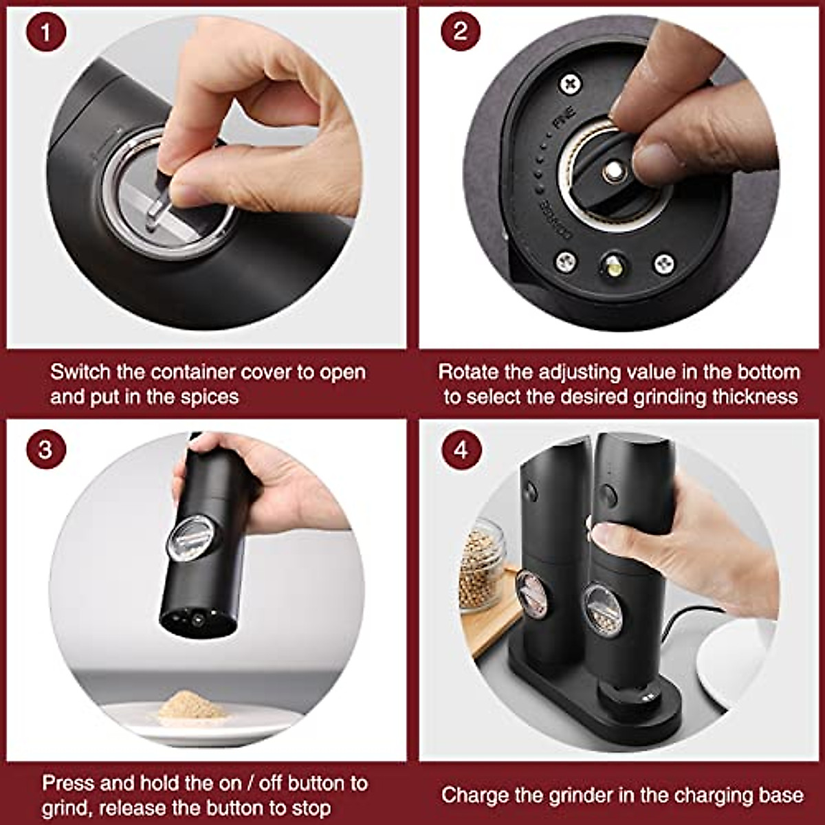 Electric Salt and Pepper Grinder Set - USB Rechargeable,LED Light,Adjustable Coarseness,TEITOP Automatic Pepper and Salt Mill Grinder Set with Charging Base(Black 2 Mills)