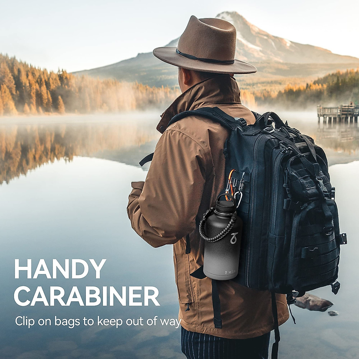 Trebo Water Bottle 32oz&64oz with Paracord Handle, Half Gallon Food-grade Double Wall Vacuum Stainless Steel Insulated Jug with Straw Spout Handle Lids, Leakproof Keep Cold & Hot Ombre: Dark Gray