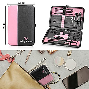 Manicure Set Professional Nail Clippers Kit Pedicure Care Tools- Stainless Steel Grooming Kit 18Pcs for Travel or Home (Black/Pink)