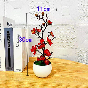 Artificial Flower in Pot Bonsai Realistic Anti Fade Faux Silk Flower Fake Plum Blossom Flower Plants Tabletops Potted Flowers Ornaments Home Hotel Garden Wedding Office Table Decoration White