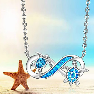 Turtle Necklace for Women Sterling Silver Tortoise 2 Infinity Blue Opal Sea Turtle Pendant Mother and Daughter Necklaces Ocean Inspirational I Llike Turtles Jewelry Birthday Gifts