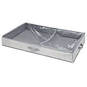 mDesign Soft Fabric Gift Wrap Storage Organizer Holder Box - Low Profile, Easy-View Clear Top Panel, Attached 2-Way Zippered Lid, Side Handles, Stores Long Rolls of Gift Wrap - Gray