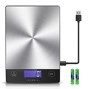 CROWNFUL Food Scale, Rechargeable 304 Stainless Steel Digital Kitchen Scale Upto 33lb Weight Grams and Ounces with LCD Display and Type-C Charging for Baking and Cooking
