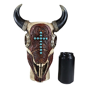 Ebros Gift Colorful Southwestern Native Indian Cow Skull with Turquoise Cross and Faux Tooled Leather Mask Desktop Floral Flower Vase Planter Figurine Wildlife Bisons Bulls Spirit Totem Accent
