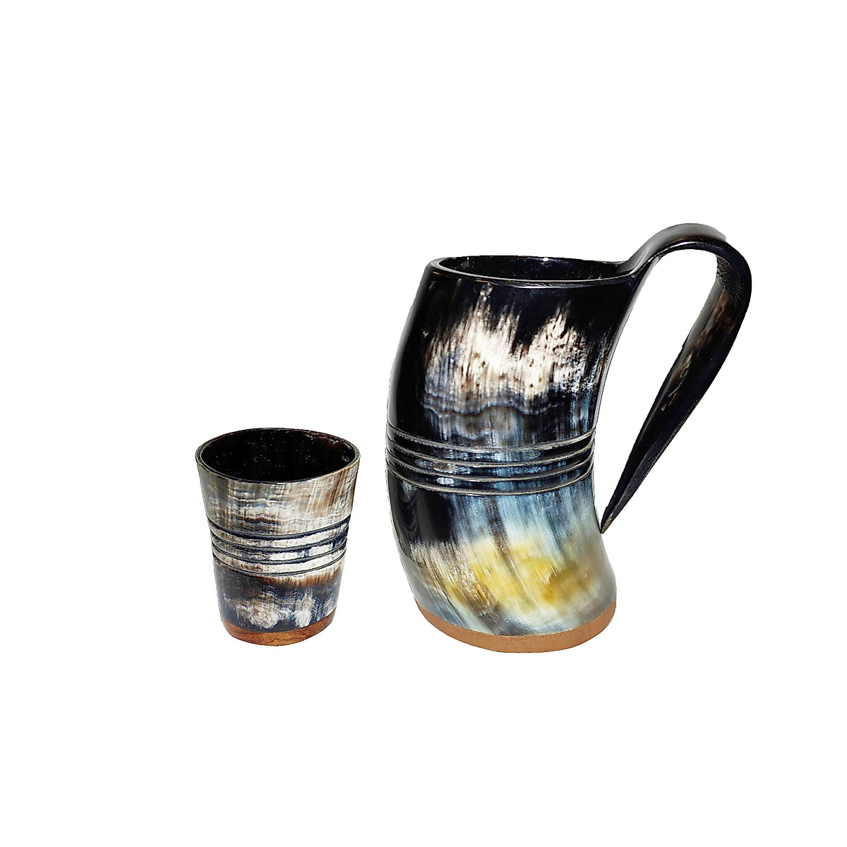 Authentic Handcrafted Buffalo-Horn Viking Drinking Mug With Natural Mango Wood Bottom 16.9 oz (500 ml) |Shot Glass 3" | Burlap Gift Sack | Fenrir Keychain |All Engraved |An Elegant Gift-Set (Polished)